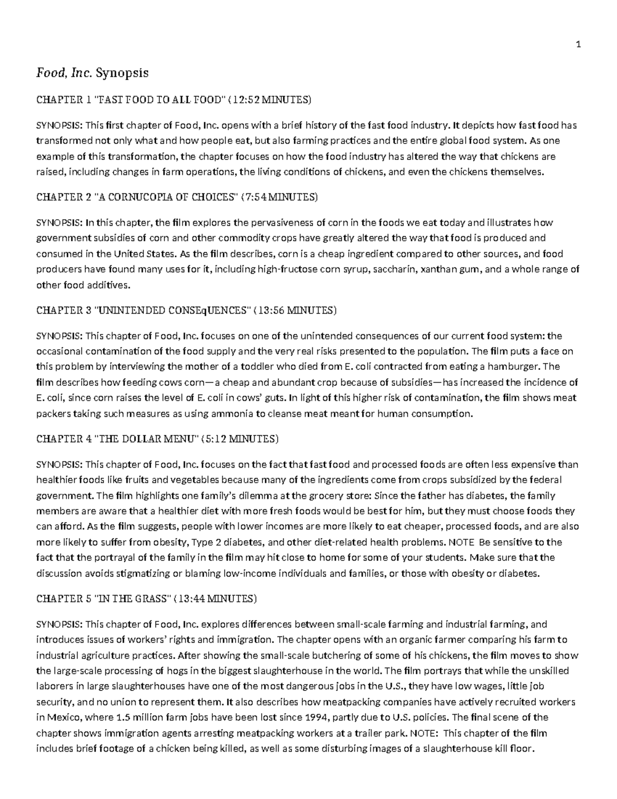 Food Inc section Synopsis Ingrid - 1 Food, Inc. Synopsis CHAPTER 1 ...