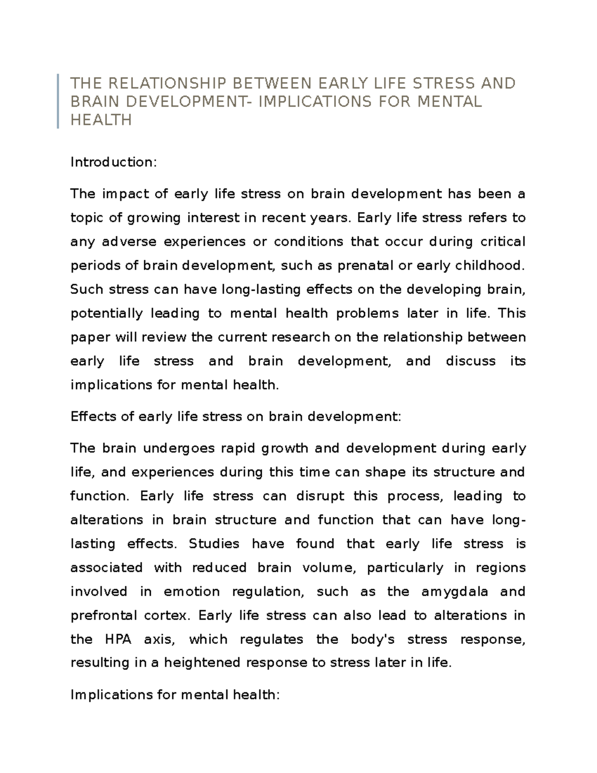 THE Relationship Between Early LIFE Stress AND Brain Development ...