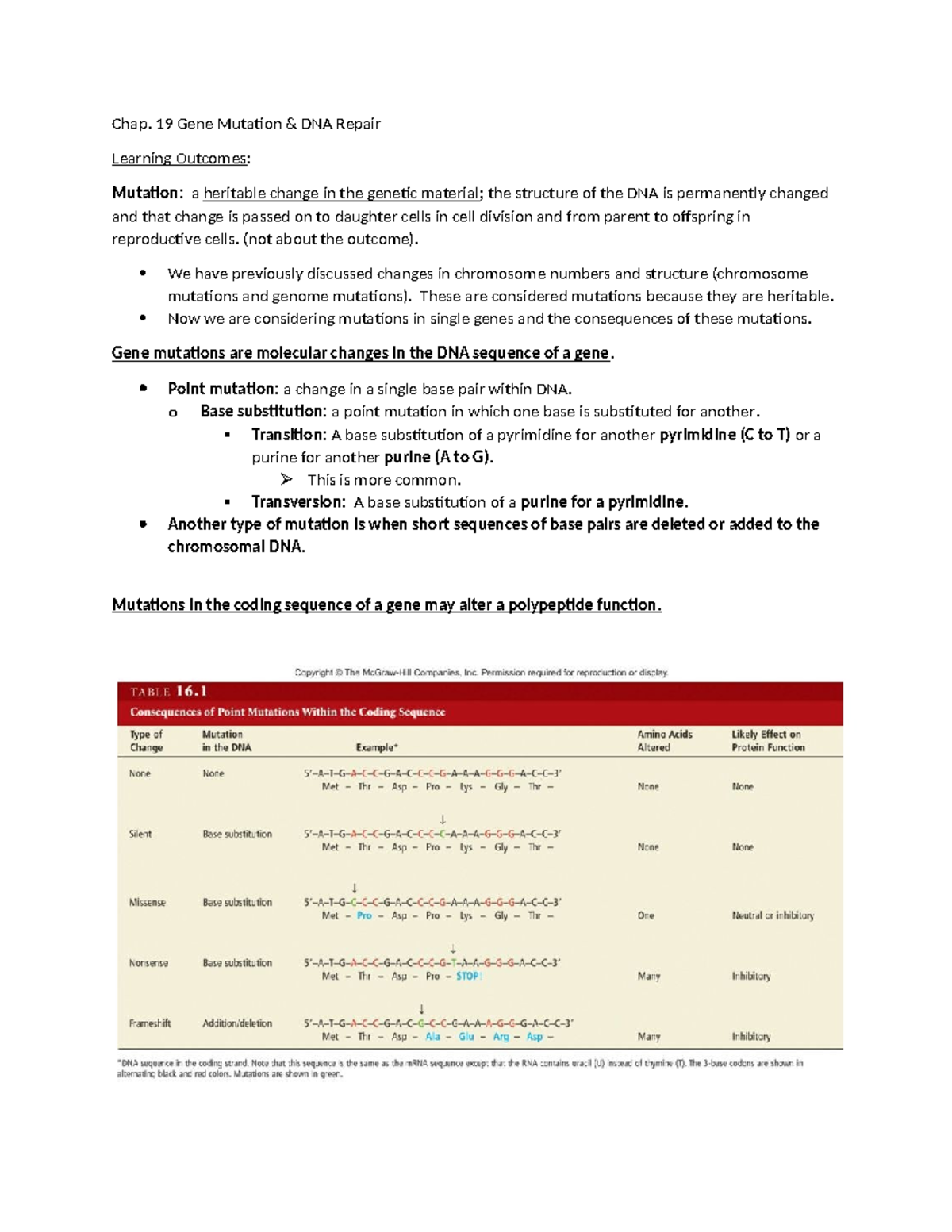 Chapter 19 study guide - Chap. 19 Gene Mutation & DNA Repair Learning ...