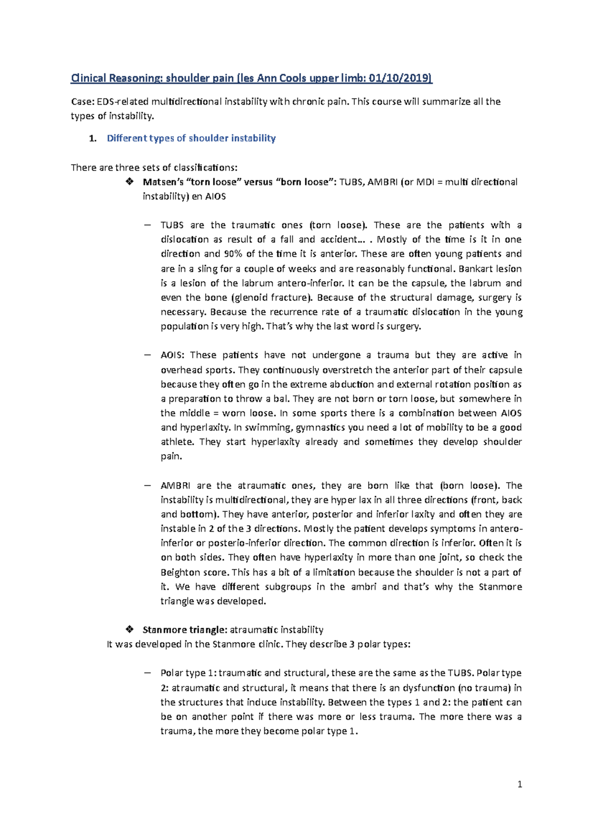 BL responscollege - Clinical Reasoning: shoulder pain (les Ann Cools ...