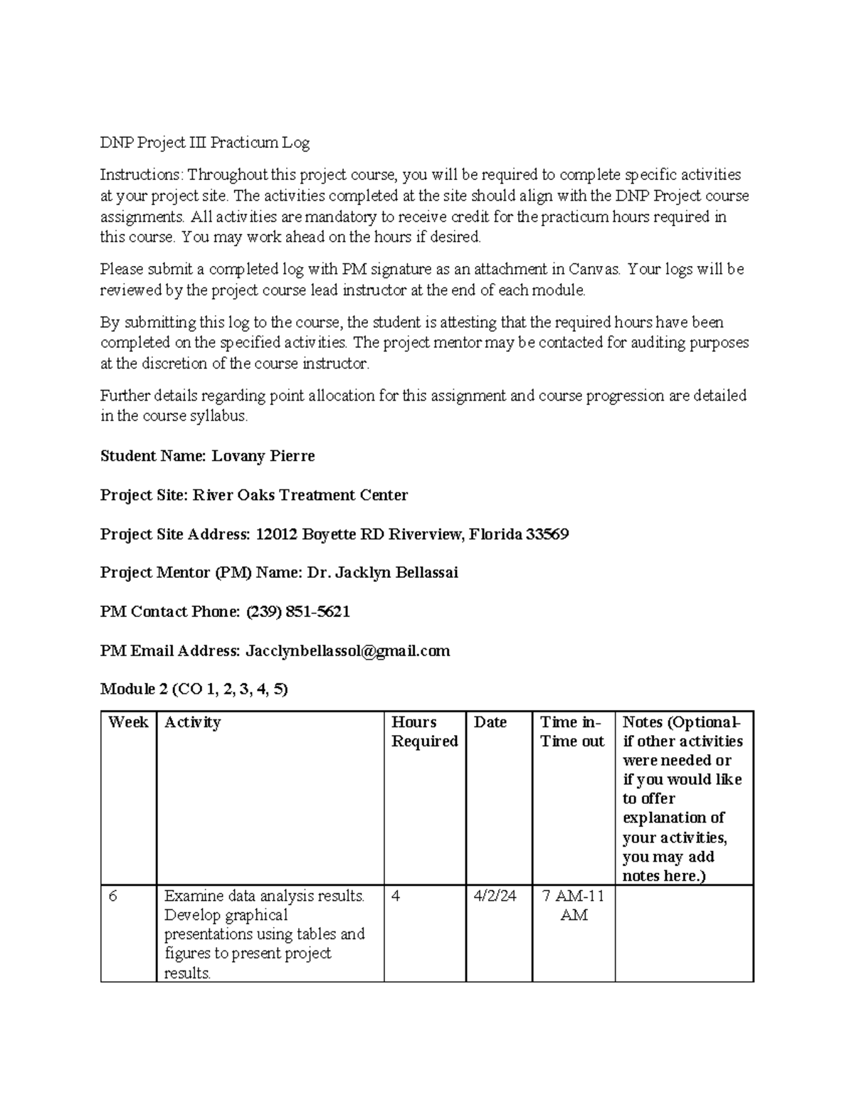 LP log - really good - DNP Project III Practicum Log Instructions ...