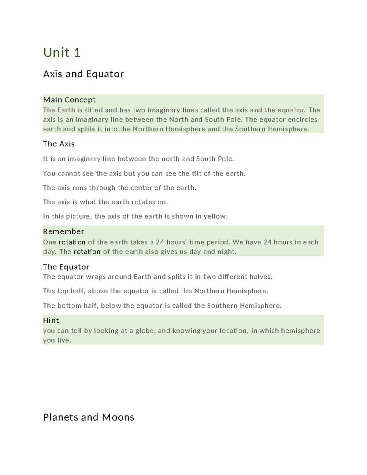 Science . 6 - Class notes from the textbook and video - Unit 1 Axis and ...