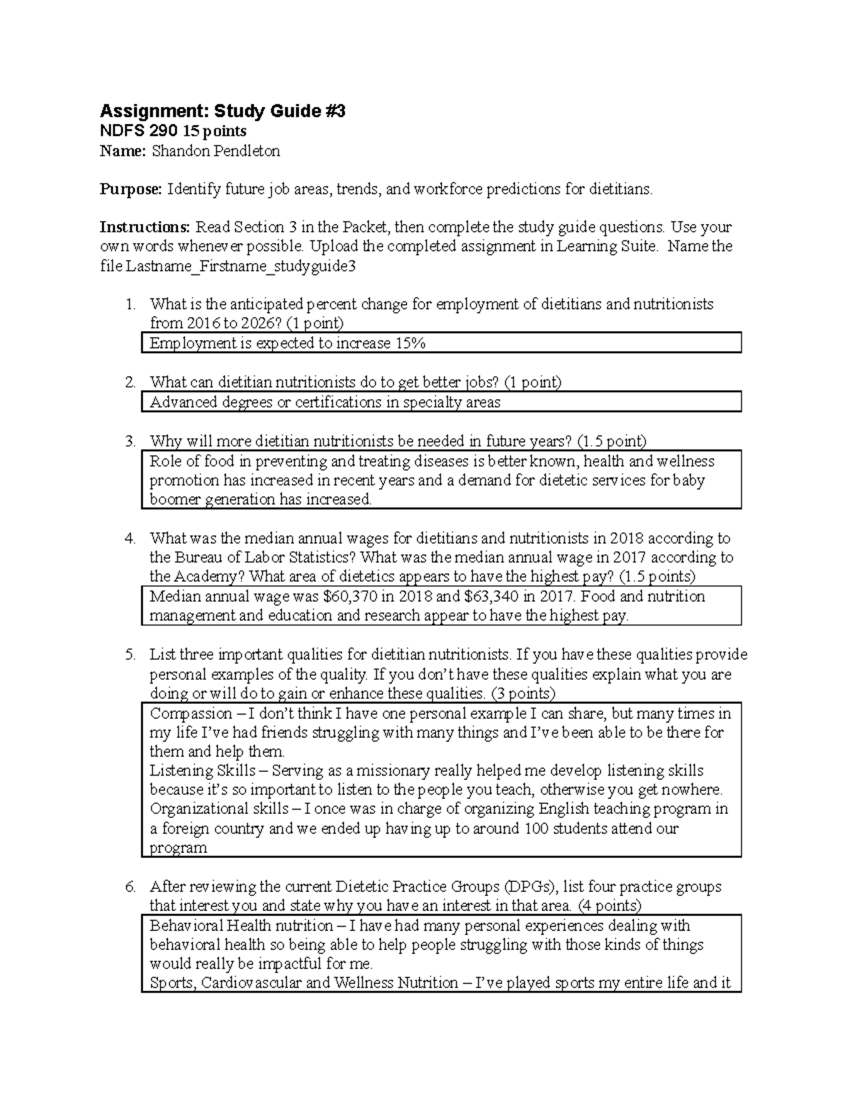 intro to dietetics studyguide 3 - Assignment: Study Guide NDFS 290 15 ...