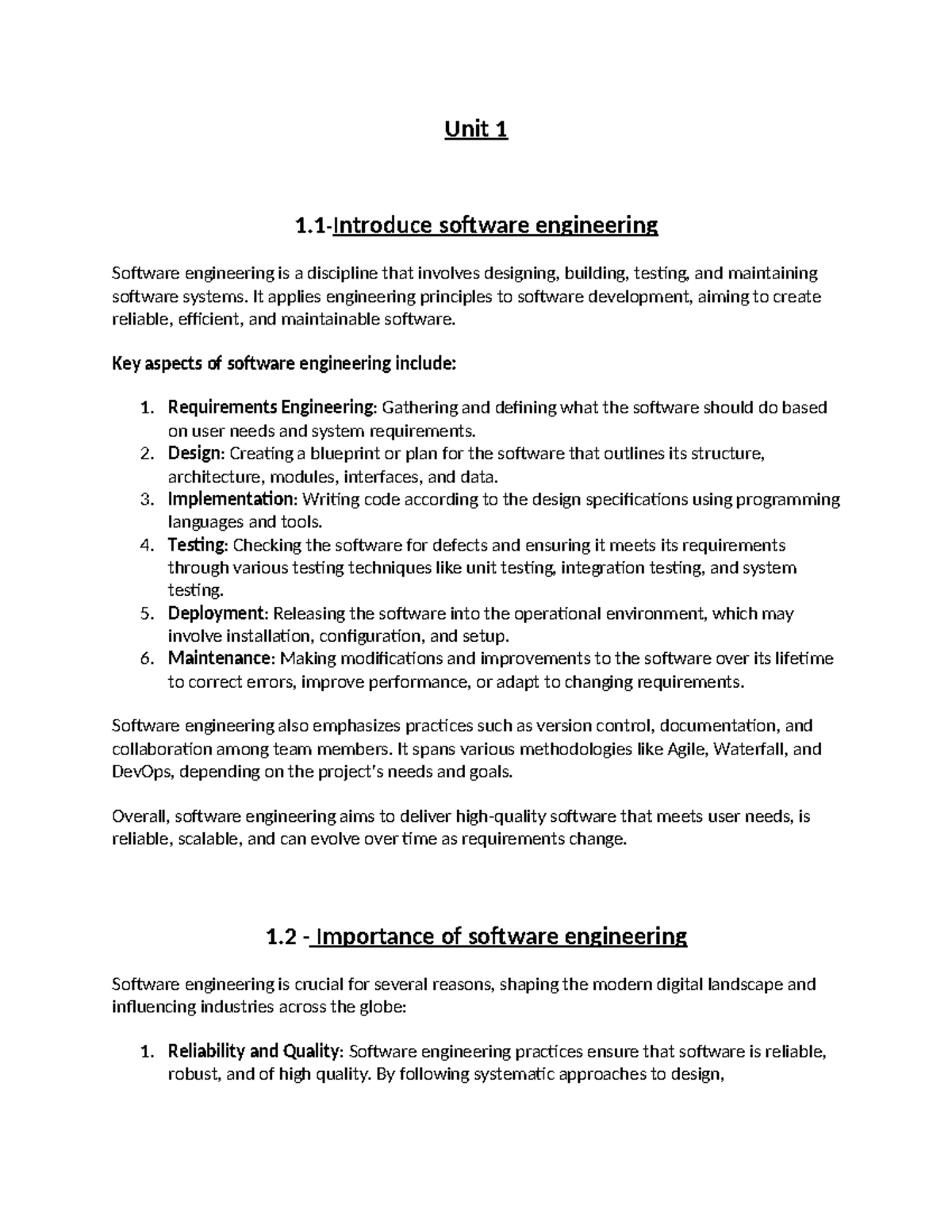 Software Engineering Notes - Unit 1 1-Introduce software engineering ...