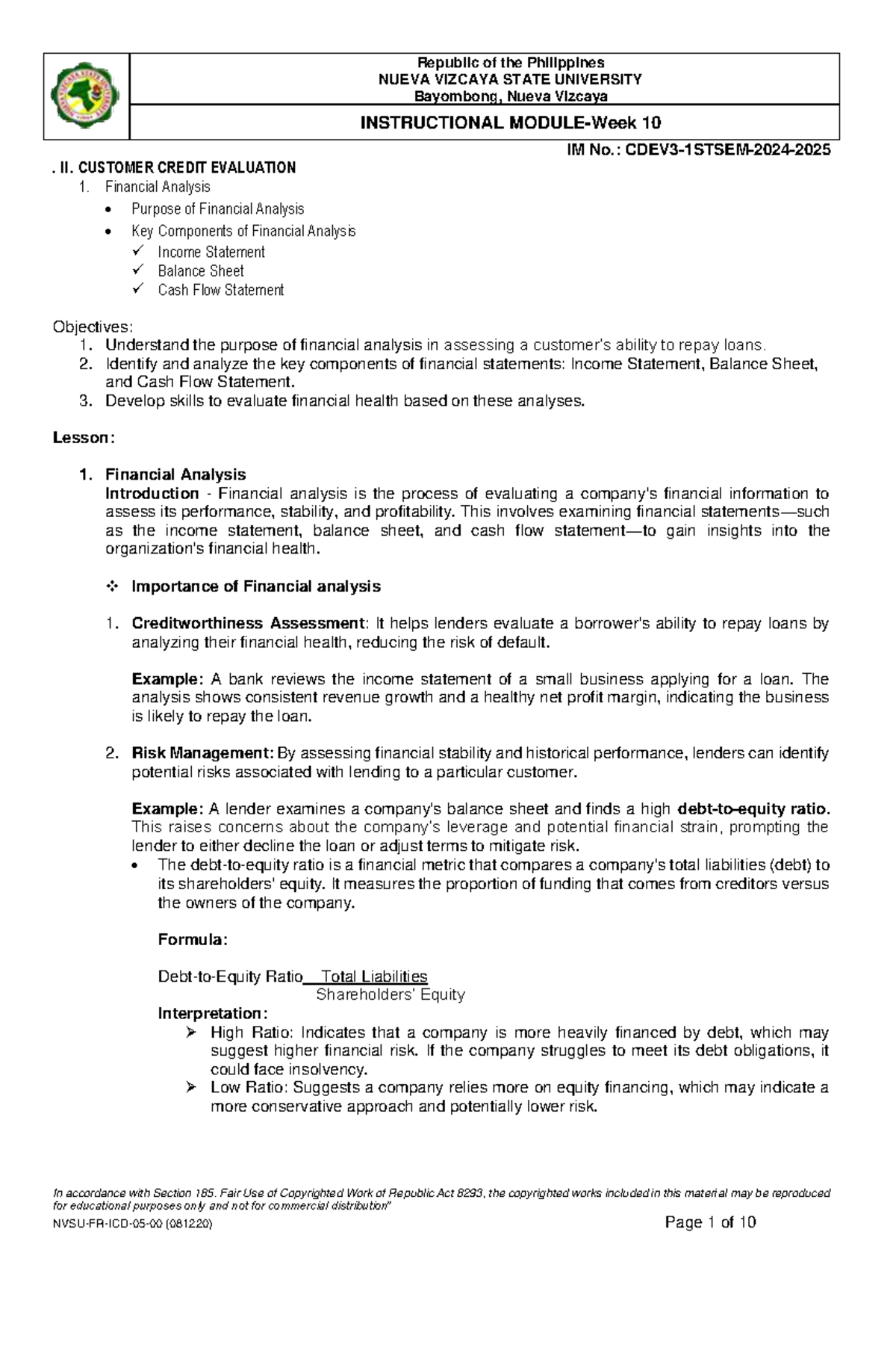 Module 10 Week10 Financial Analysis - NUEVA VIZCAYA STATE UNIVERSITY ...