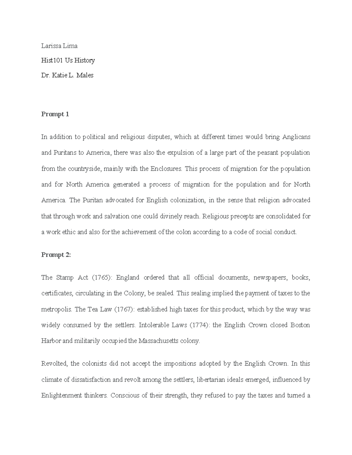 Larissa Lima - HIST Written Assignment - Larissa Lima Hist101 Us ...