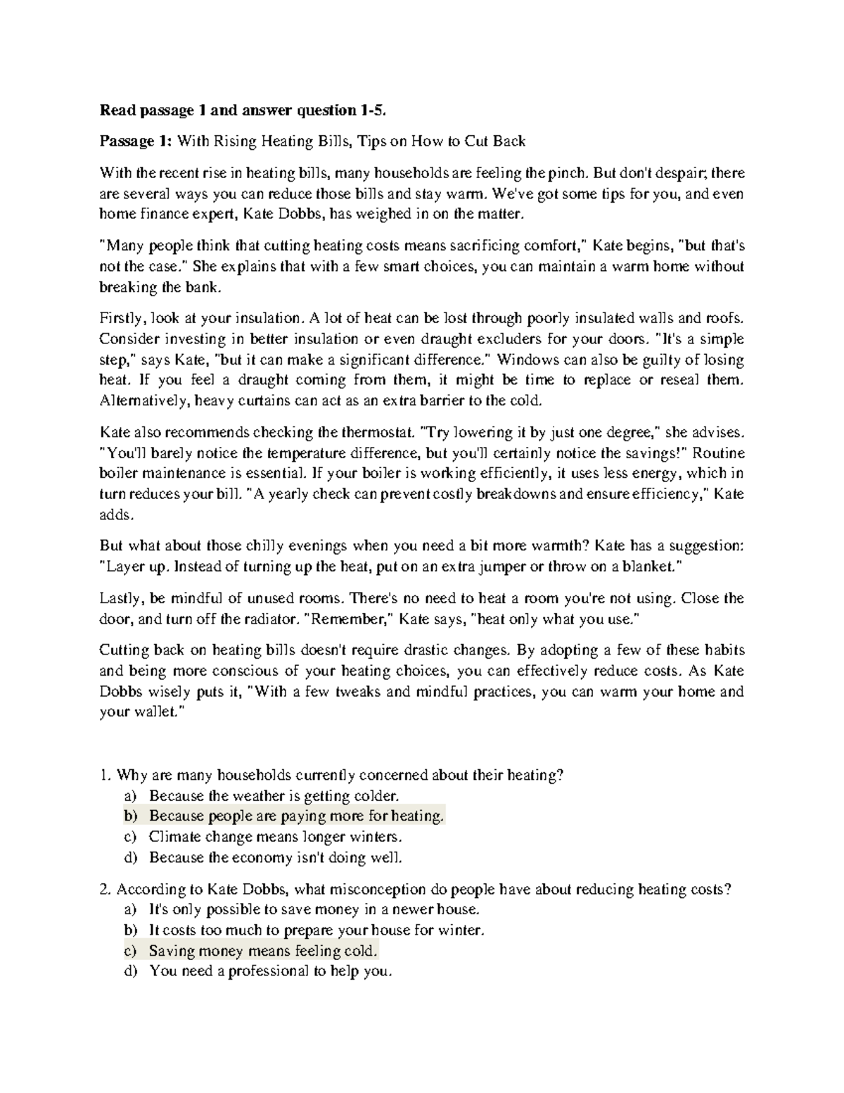 LCC113 Reading Exercise 1 - Read passage 1 and answer question 1 - 5. Passage 1: With Rising ...