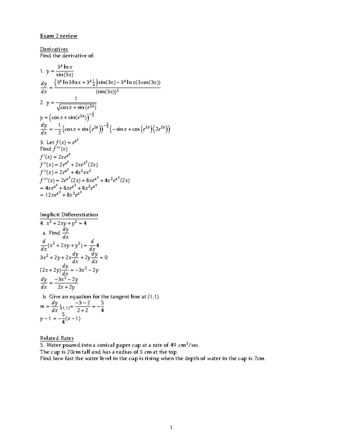 Math140 lecture notes Exam 2 review - Exam 2 review Derivatives Find ...