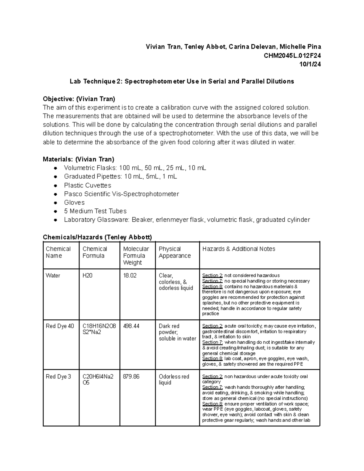 #2 Pre-Lab : Spectrophotometer Use in Serial and Parallel Dilutions - Vivian Tran, Tenley Abbot ...