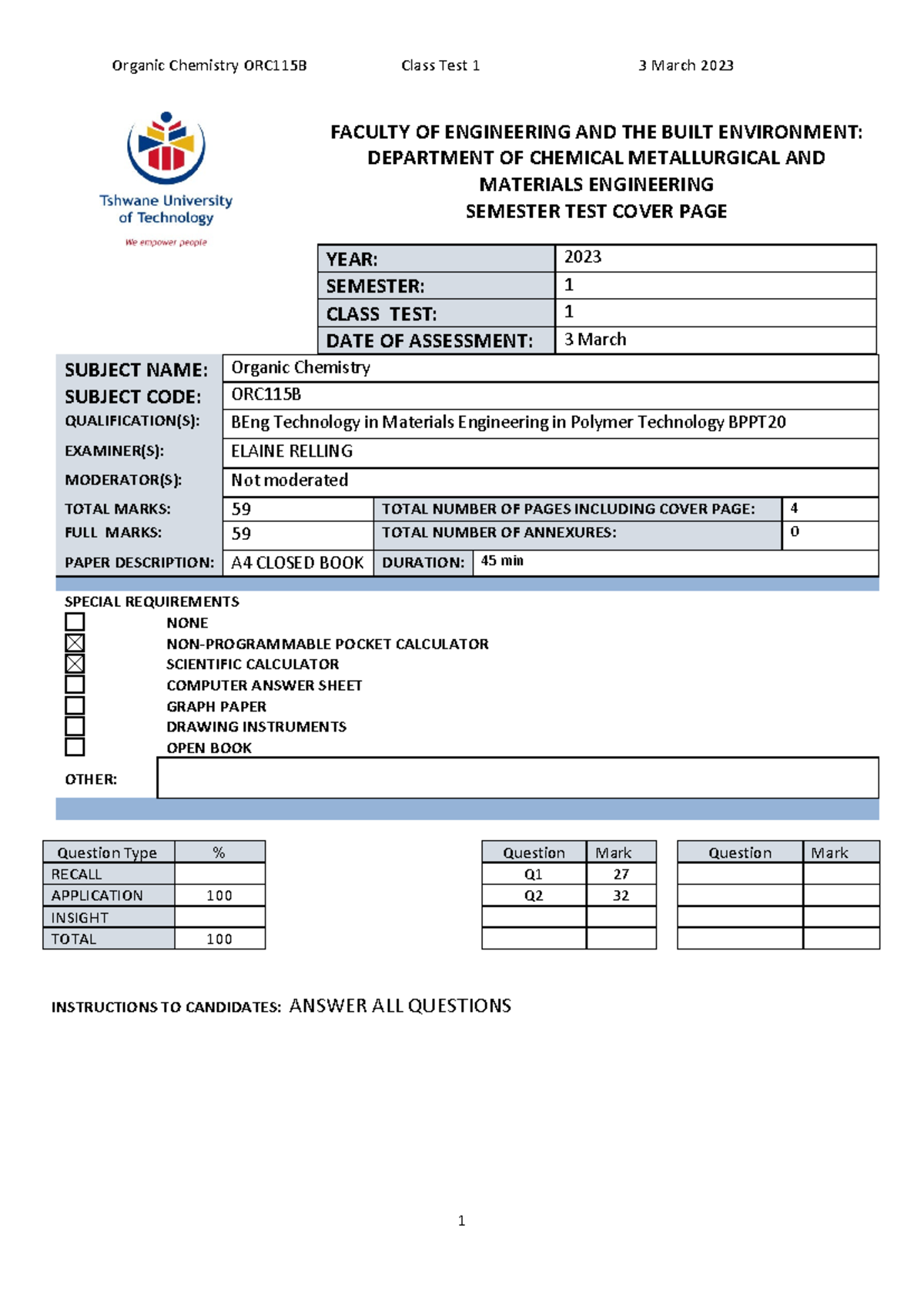 Class Test 1 Mar 2023 - HELPFUL TEST - SUBJECT NAME: Organic Chemistry ...