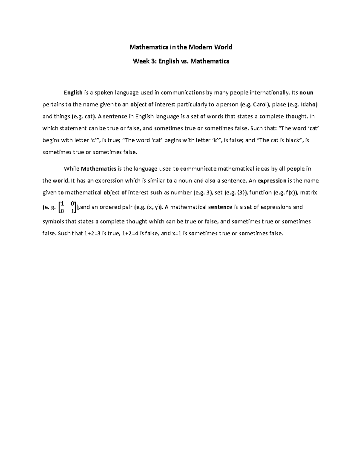 Week3 English Vs Math - Mathematics in the Modern World Week 3: English ...