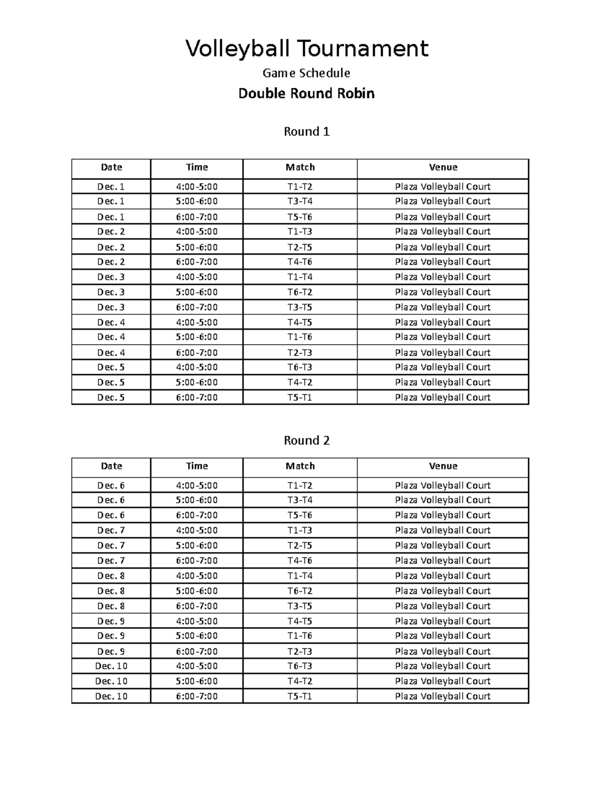 Volleyball Tournament Game Schedule - Volleyball Tournament Game ...