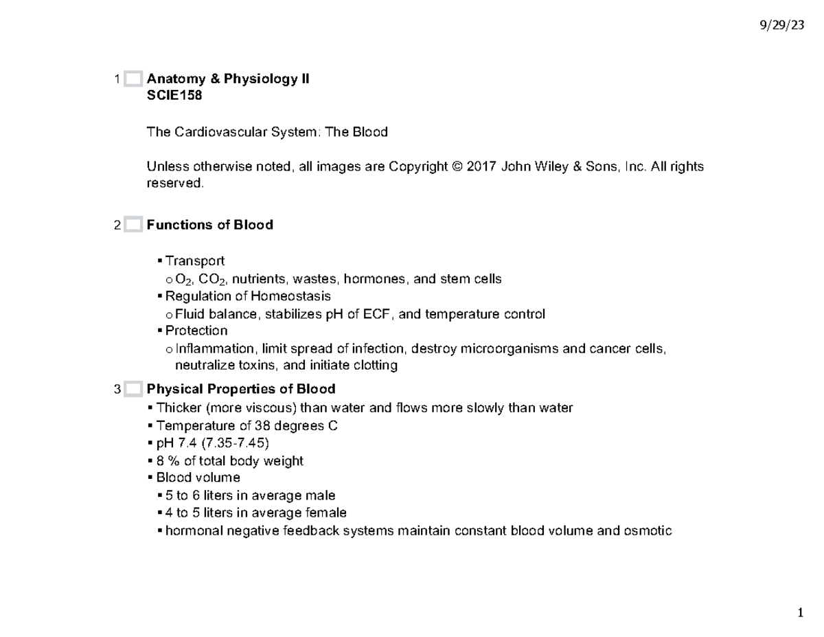 Lec (Master) Blood - Study notes - 9/29/ 1 Anatomy & Physiology II SCIE ...