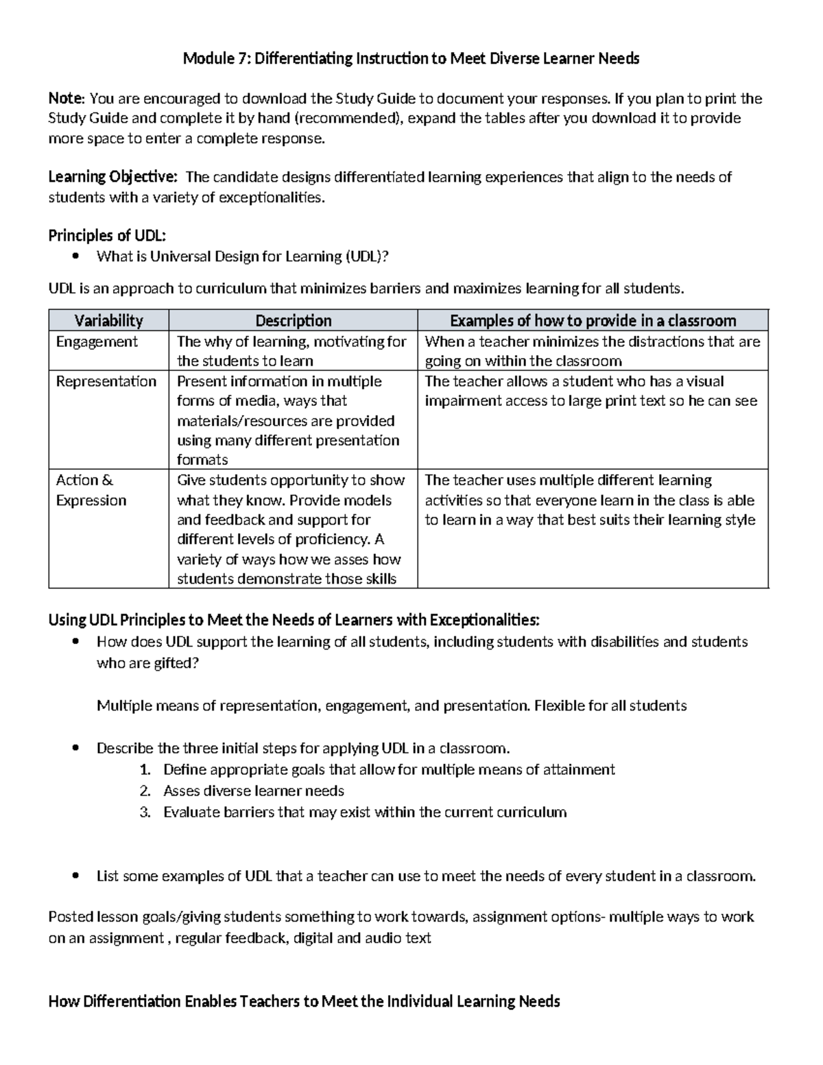 D096 d169 m7- completed - Module 7: Differentiating Instruction to Meet Diverse Learner Needs ...