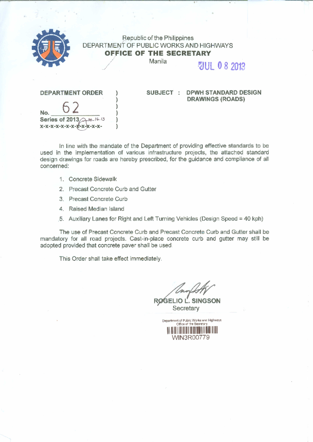 DO 062 S2013 - DPWH LIST standard design Drawings of ROAD - - Studocu