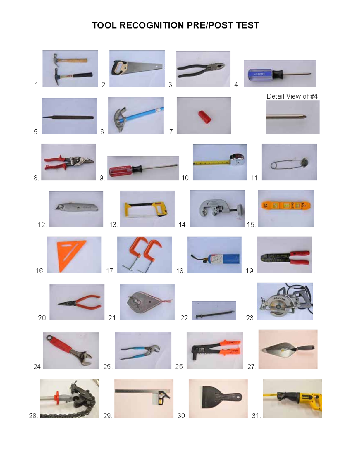 Tool recognition test and key - Tool RecogniTion PRe/PosT TesT 1. 2. 3 ...