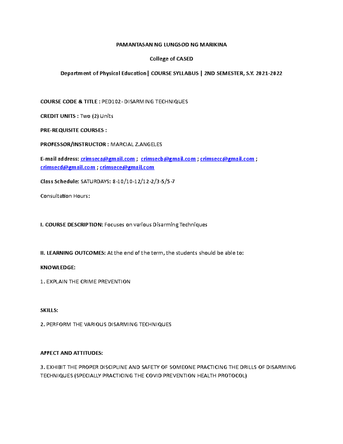 Plmar- Disarming Technique -5TH Activity - PAMANTASAN NG LUNGSOD NG ...