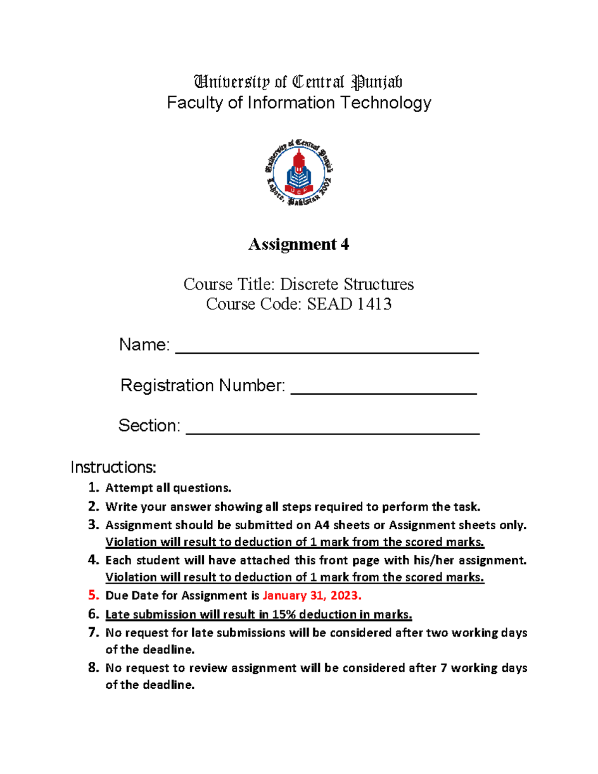 Assignment 4 solution - University of Central Punjab Faculty of Information Technology ...