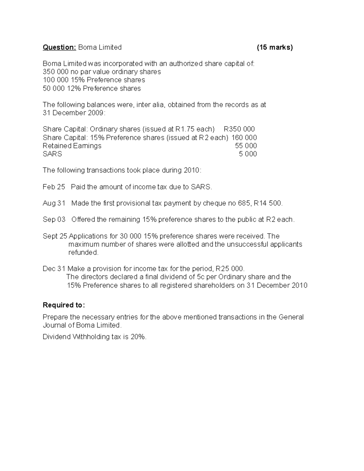 Q3 Boma Limited - question of NPO - Question: Boma Limited (15 marks ...