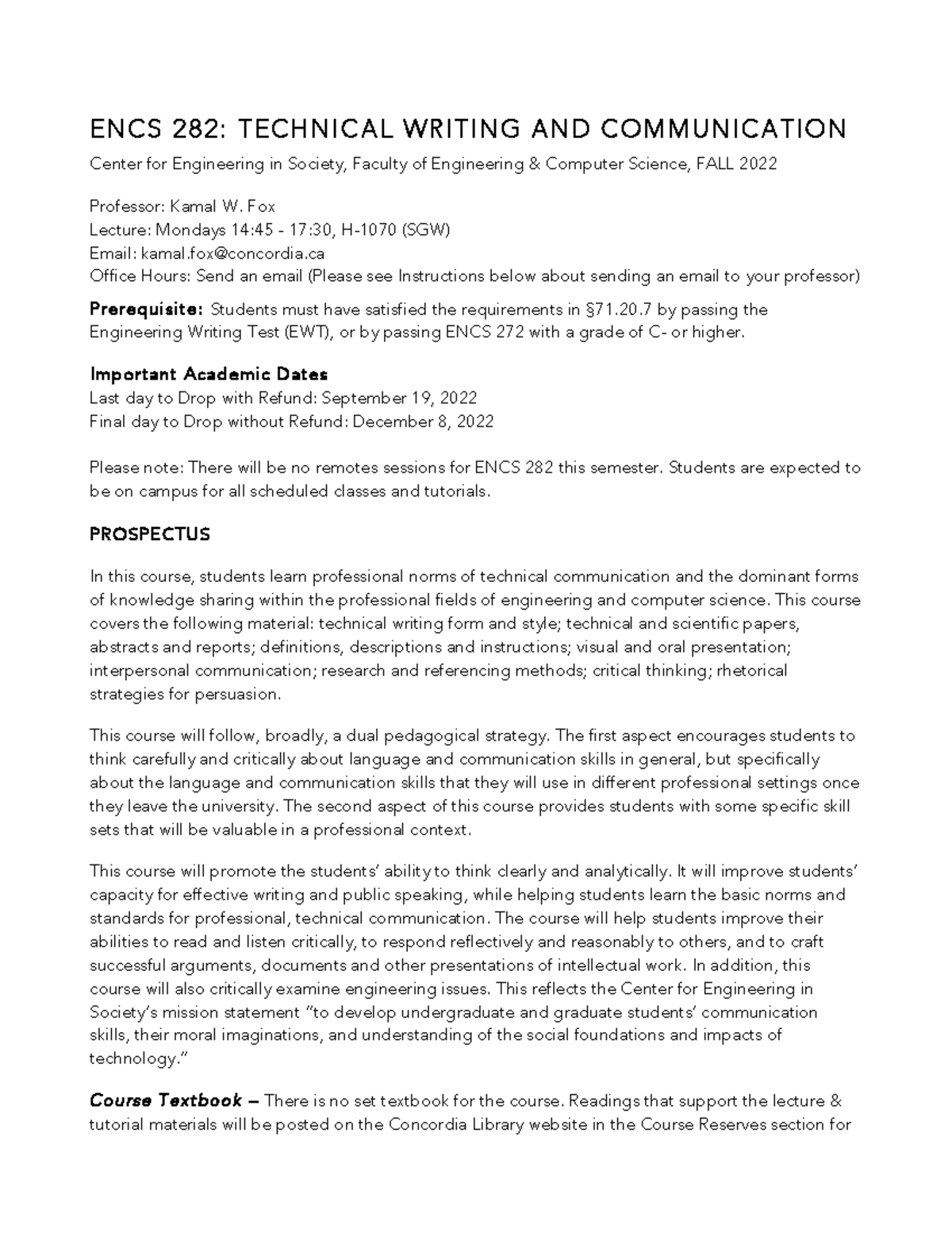ENCS 282 Course Syllabus Fall 2022 - ENCS 282: TECHNICAL WRITING AND COMMUNICATION Center for ...