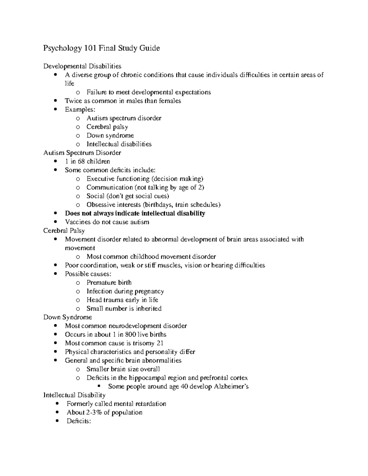 Psychology 101 Final Study Guide - Ps y c hol o gy101Fi na lSt ud yGui ...