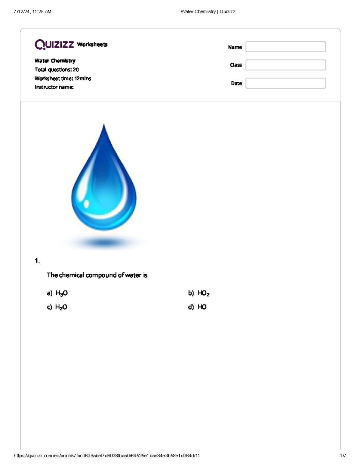 Quizizz - Water Chemistry - Worksheets Water Chemistry Total questions ...