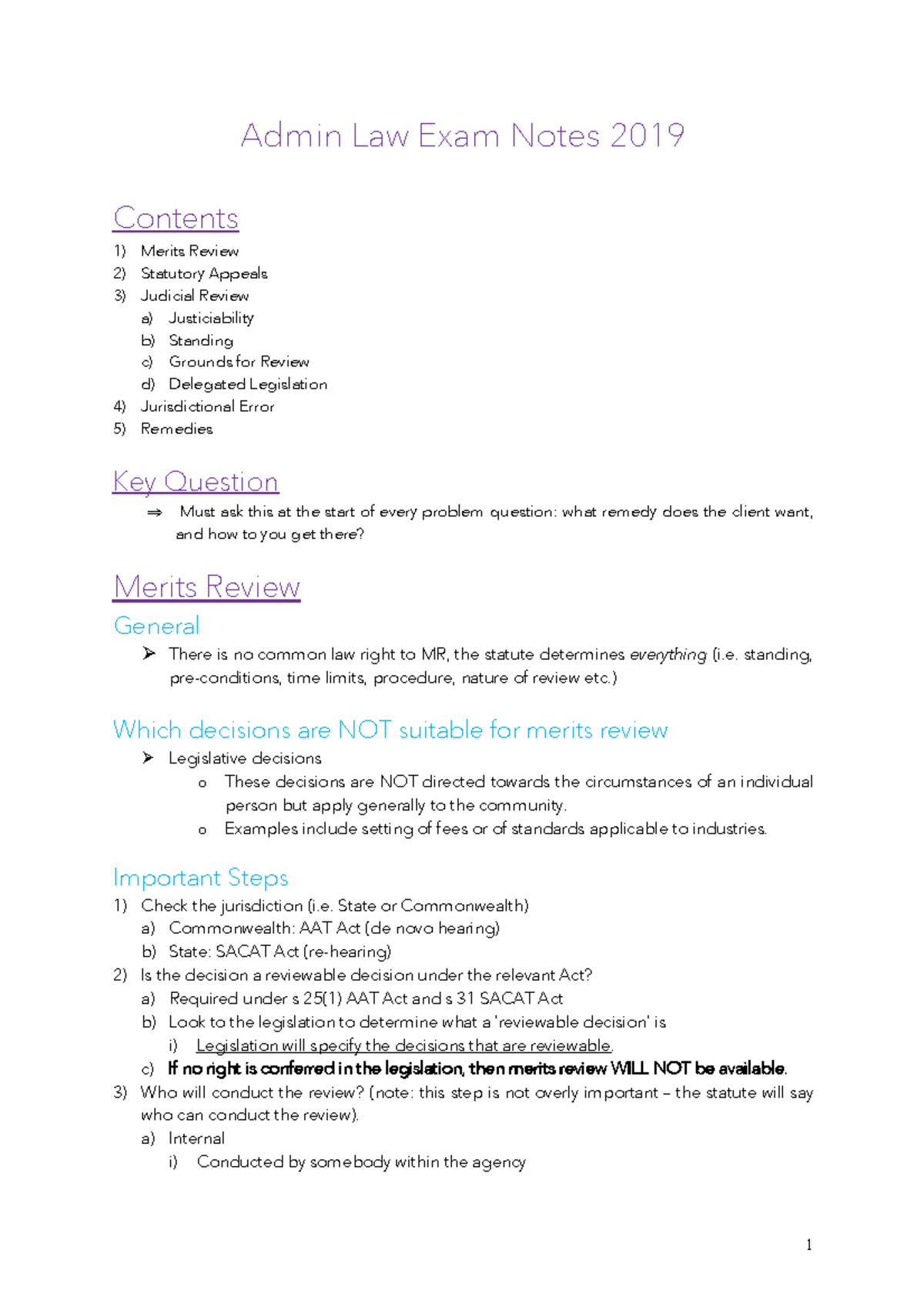 Administrative Law Exam Notes - Admin Law Exam Notes 2019 Contents ...