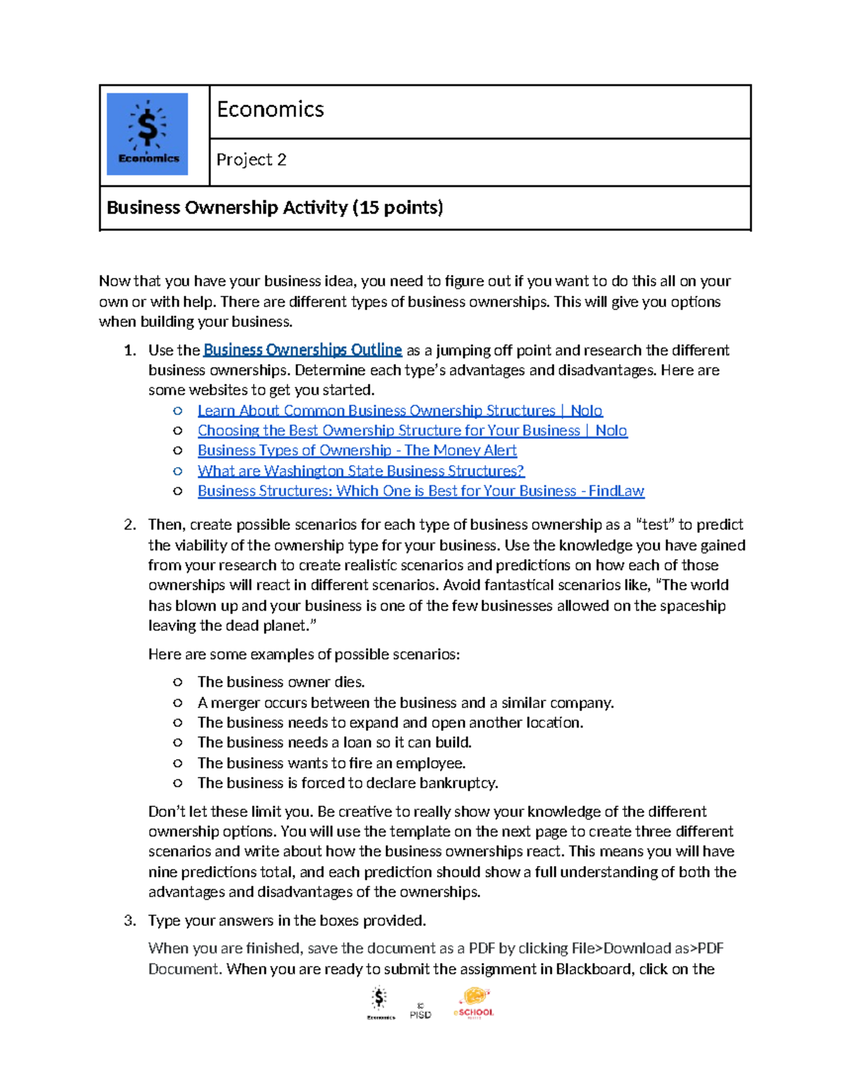Copy of 205b Business Ownership Activity - Economics Project 2 Business ...