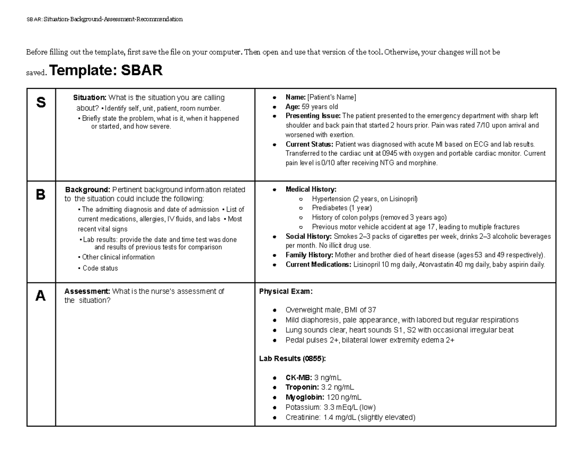 SBAR template from IHI (1) - SBAR: Situation-Background-Assessment ...