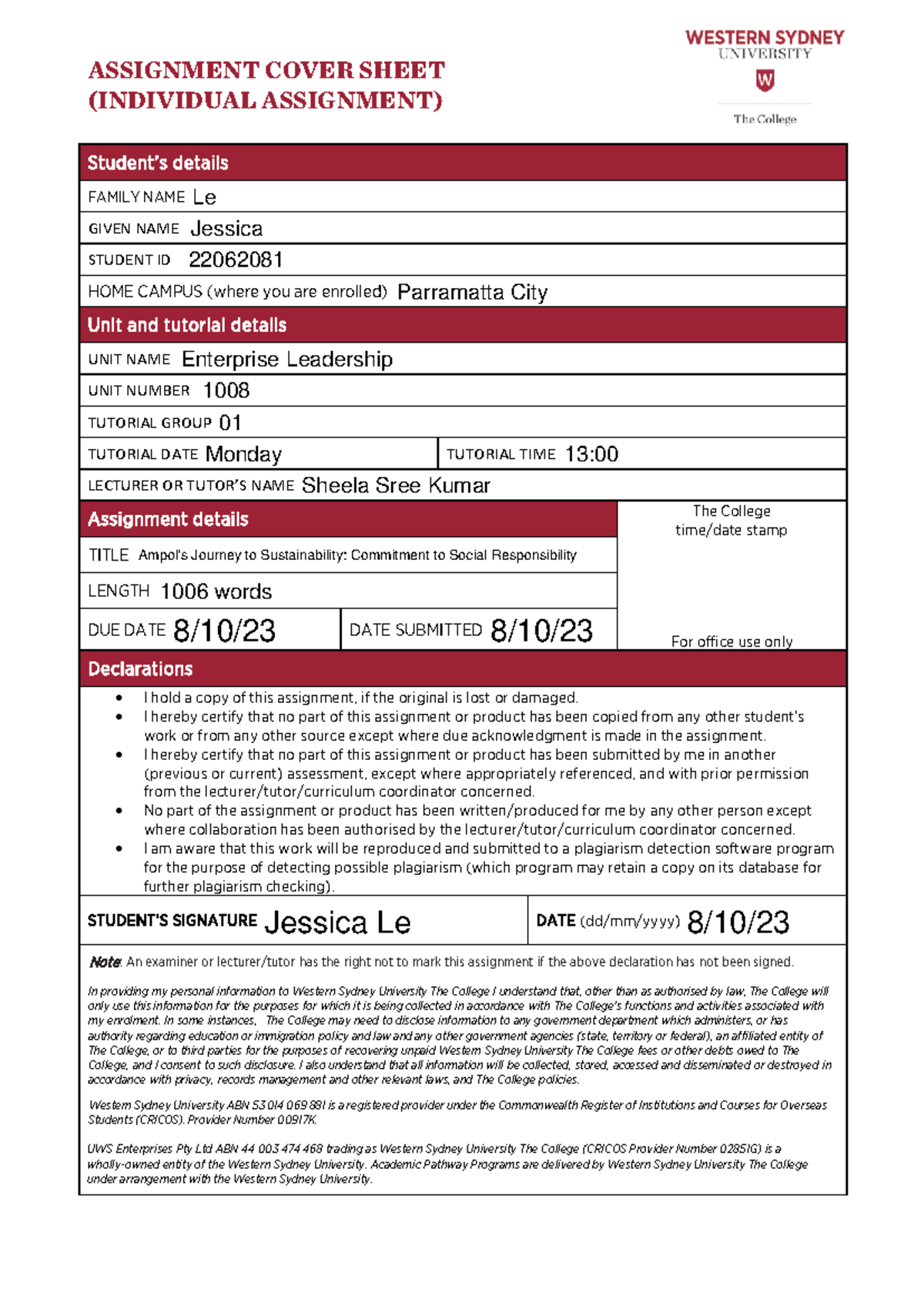 Assignment Cover Sheet - ASSIGNMENT COVER SHEET (INDIVIDUAL ASSIGNMENT ...