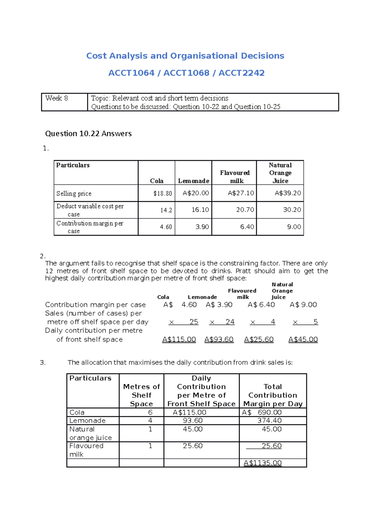 CAOD 8Tutorial+8+solutions copy - Cost Analysis and Organisational ...