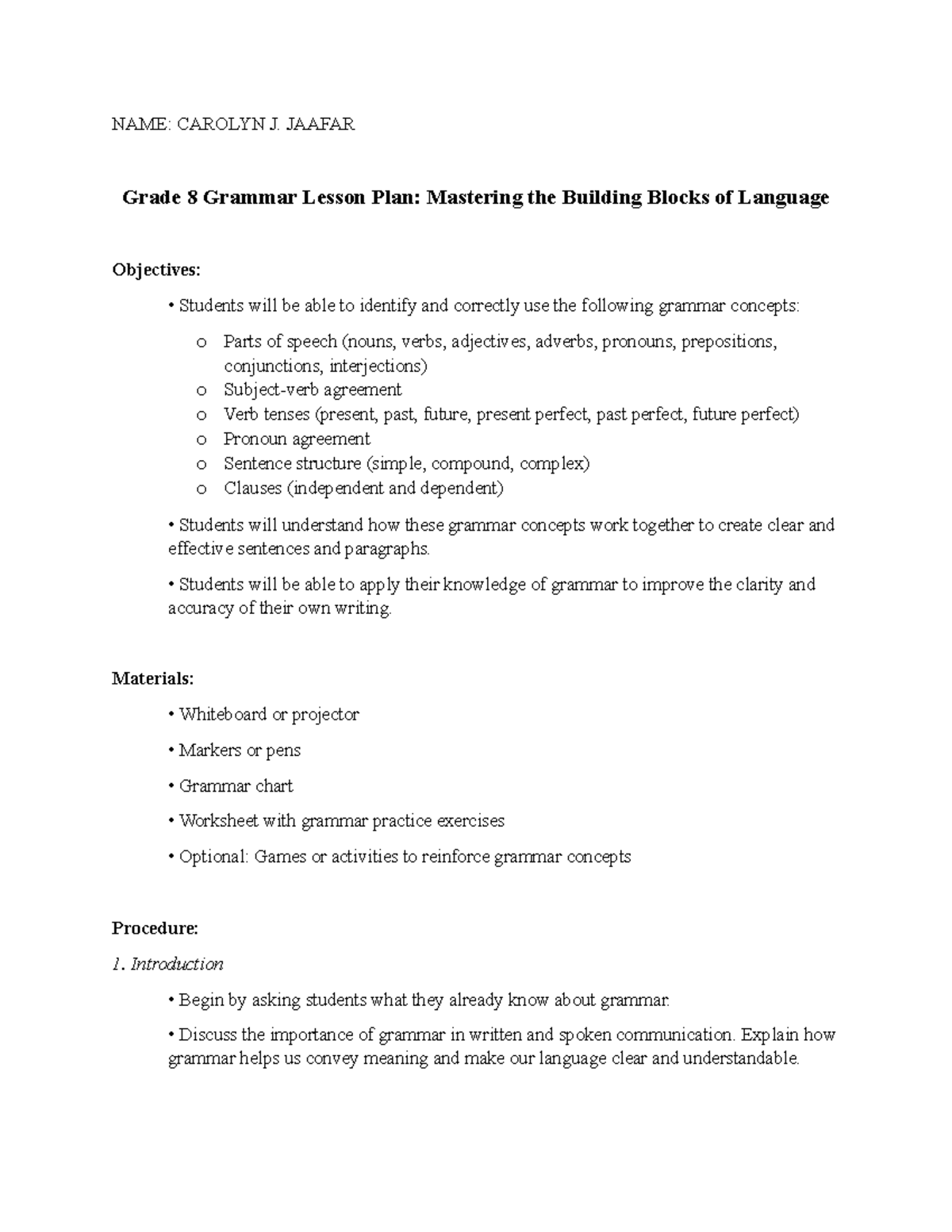 Grade 8 Grammar Lesson Plan 110448 - NAME: CAROLYN J. JAAFAR Grade 8 ...