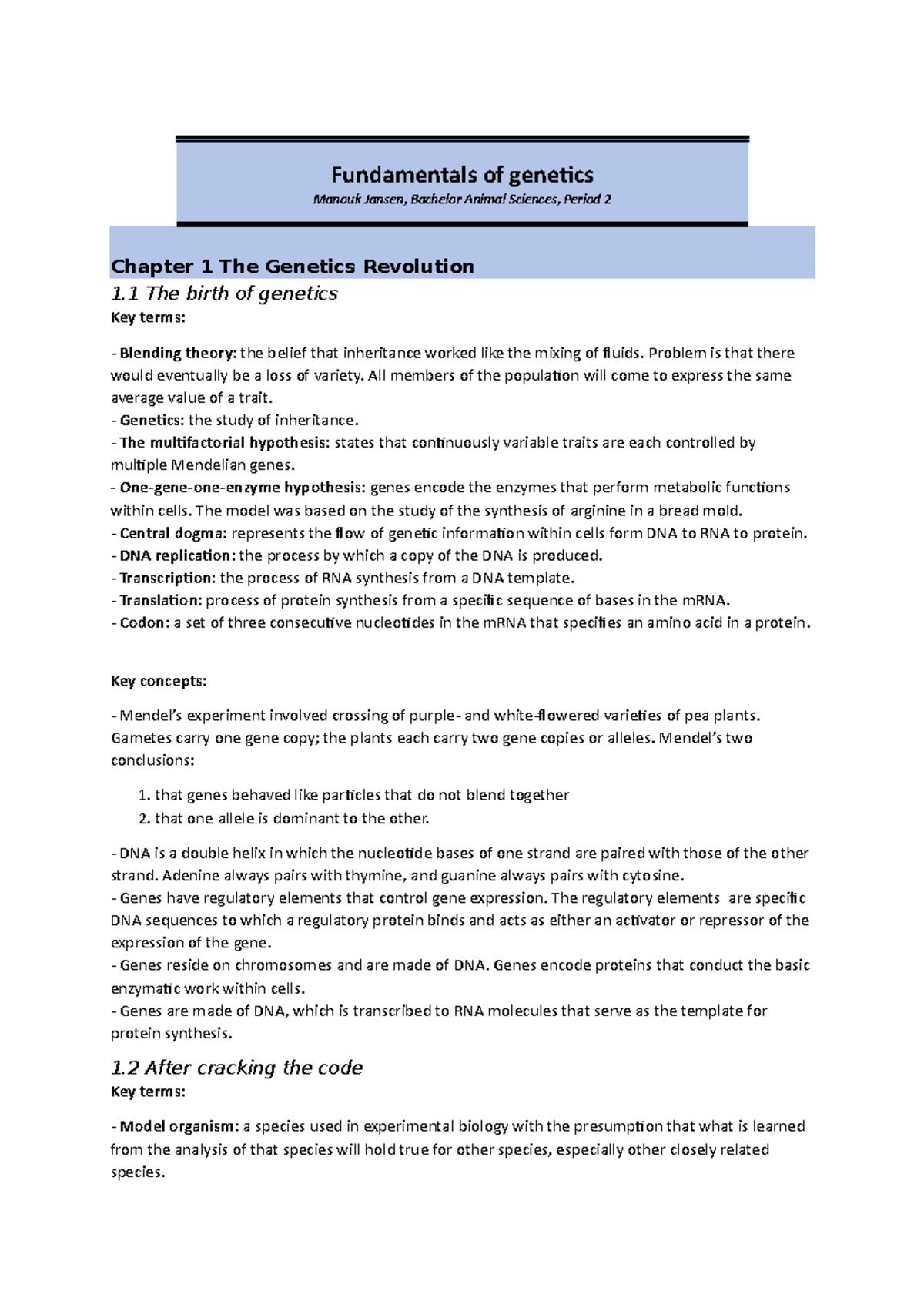 Fundamentals of genetics summary - Fundamentals of genetics Manouk ...