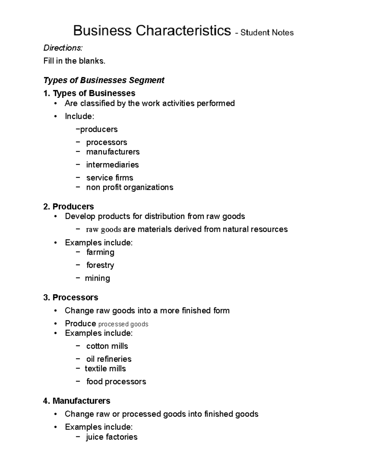 Student Notes business characteristics - Directions: Fill in the blanks ...