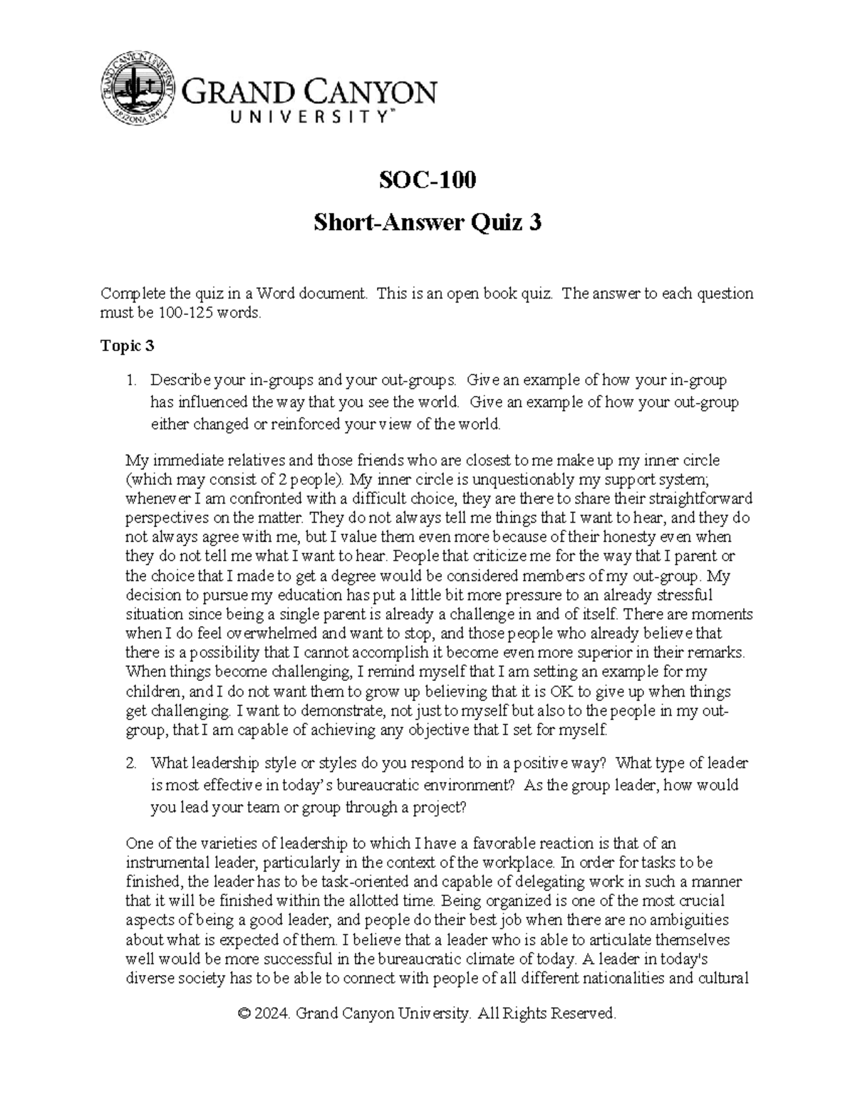 SOC-100.Short-Answer Quiz 3 Michelle Kirkland - SOC- Short-Answer Quiz ...
