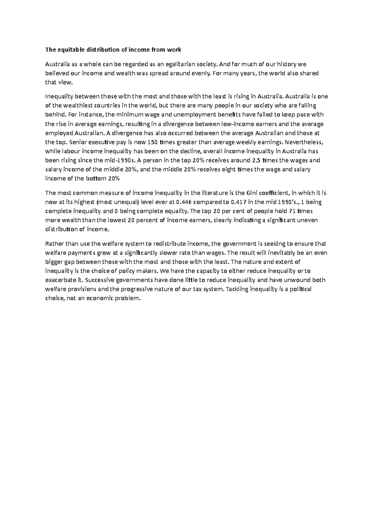 The equitable distribution of income from work - The equitable ...