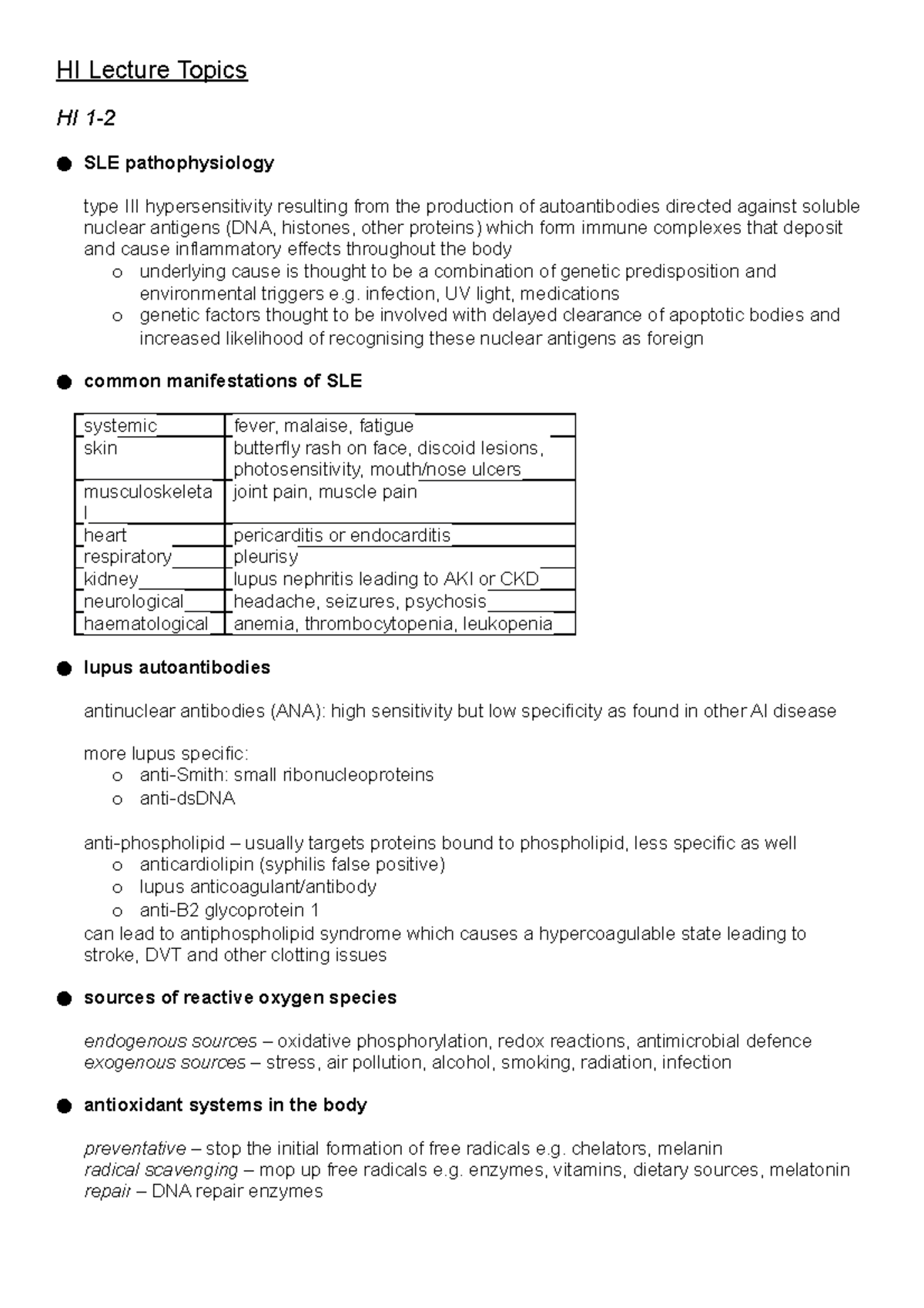 HI Lecture Topics 2 - Summary notes - HI Lecture Topics HI 1- SLE ...