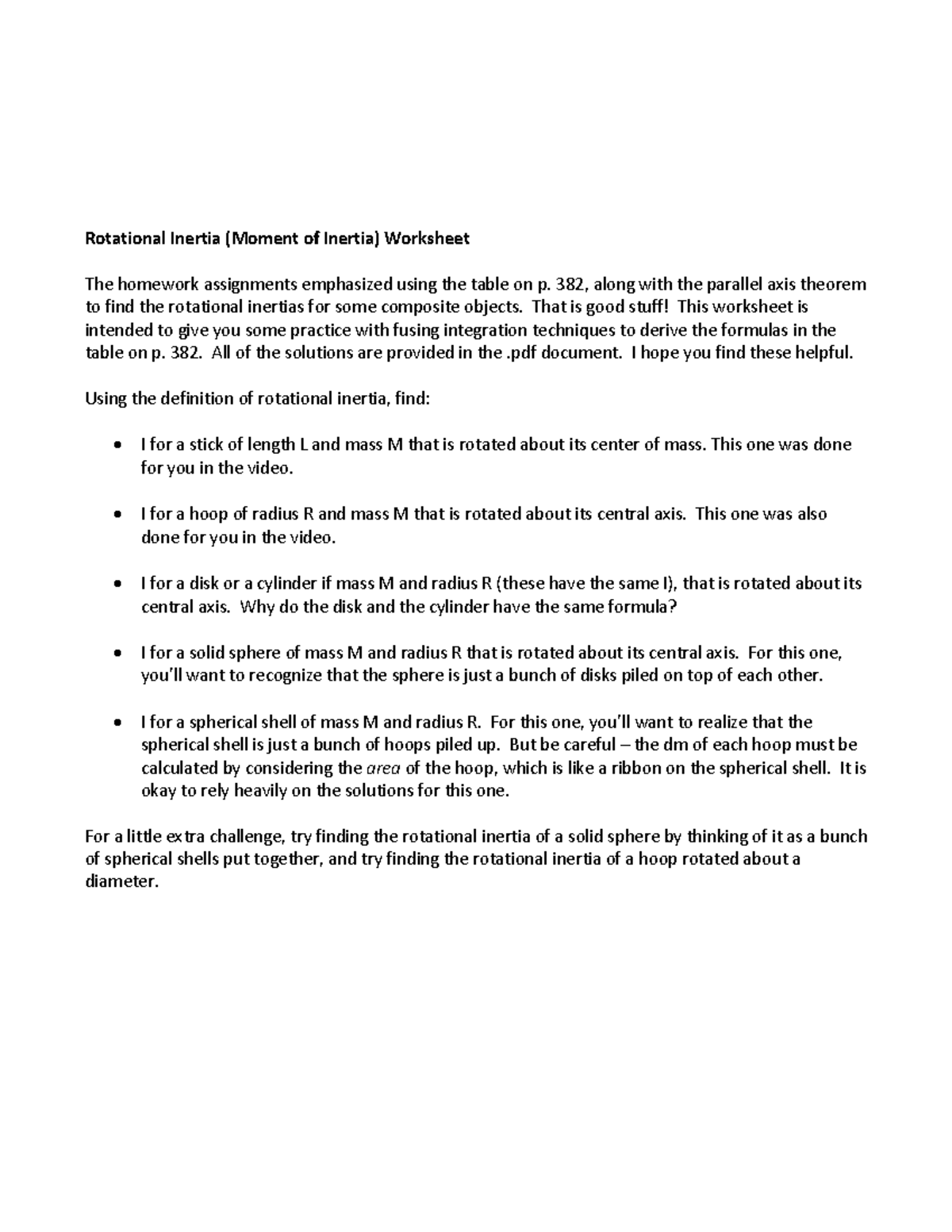 Rotational Inertia Worksheet - Rotational Inertia (Moment of Inertia ...
