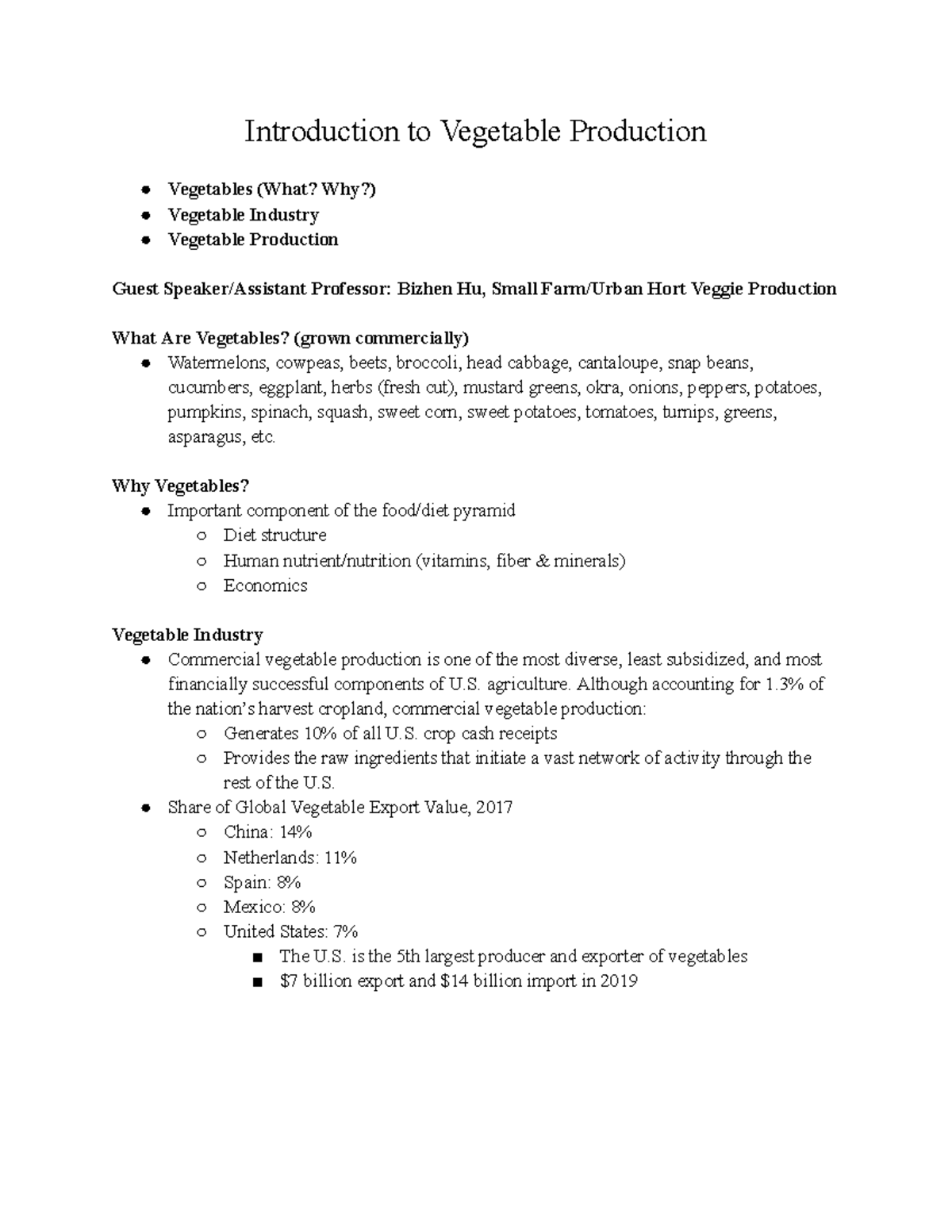 Introduction to Vegetable Production - HORT 1013 - Introduction to Vegetable Production ...