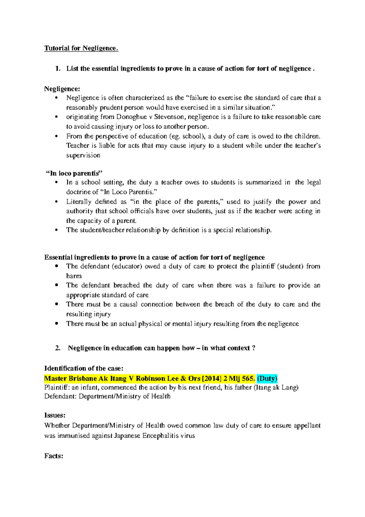 Legal Edu Tuto 3 - Negligence - Tutorial for Negligence. 1 the ...