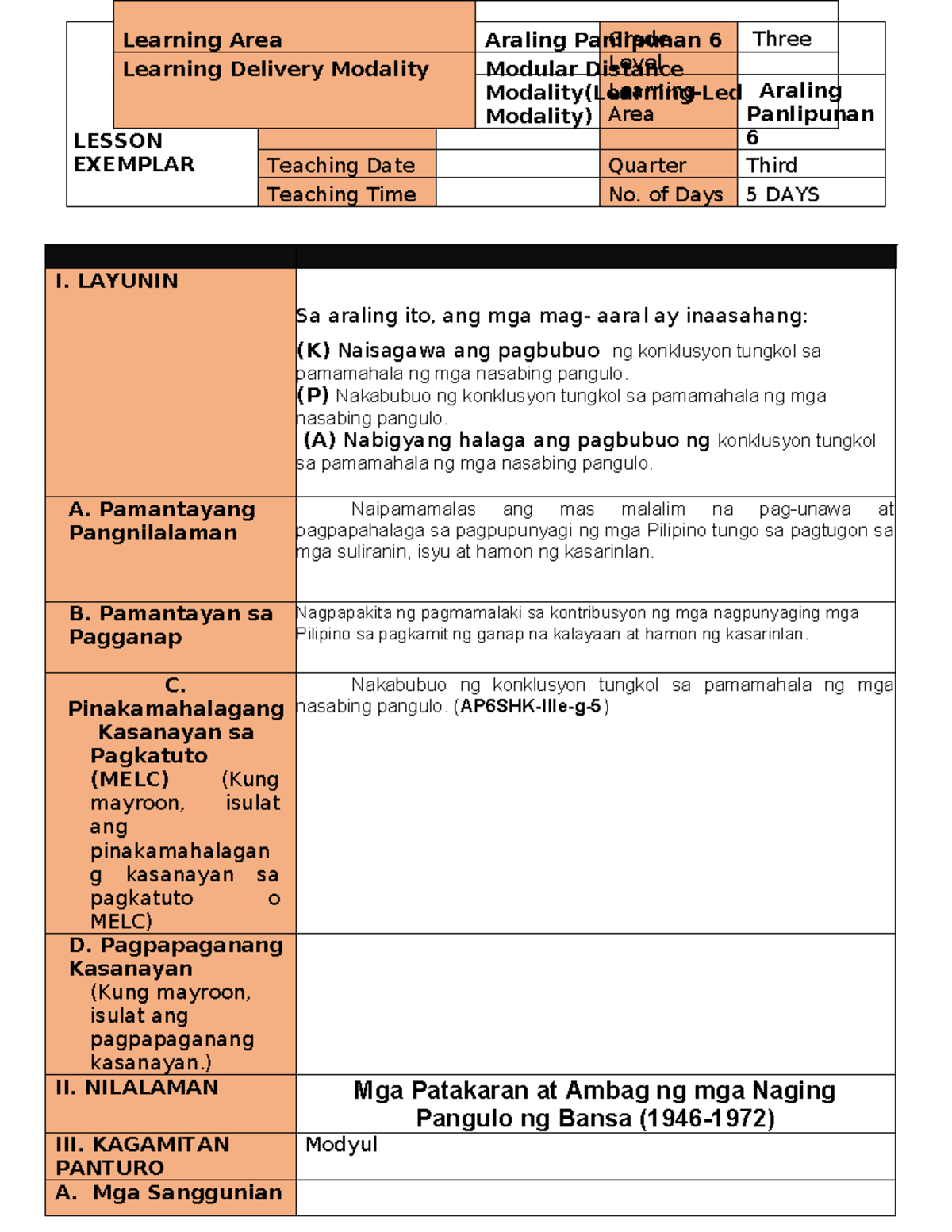 IDEA- Exemplar-AP 6 M7 Q3 - LESSON EXEMPLAR School Grade Level Three ...