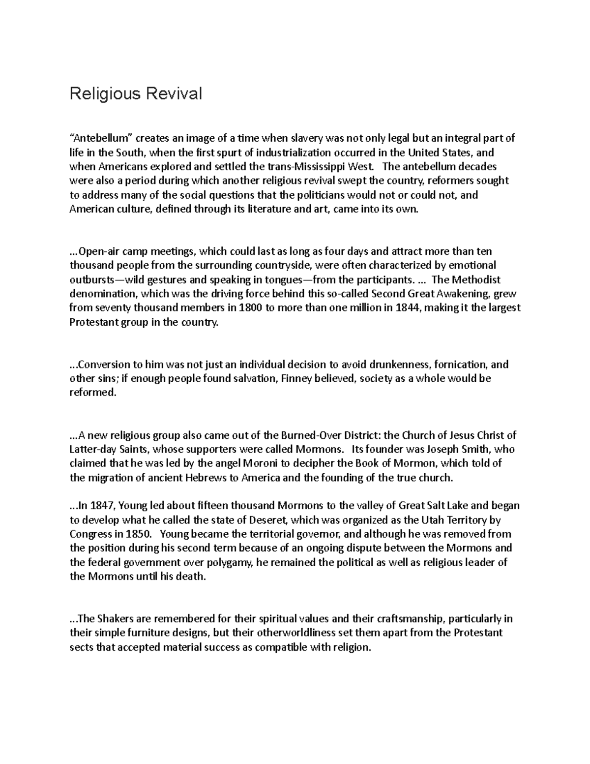 Religious Revival- 18-1900s - Religious Revival “Antebellum” creates an ...