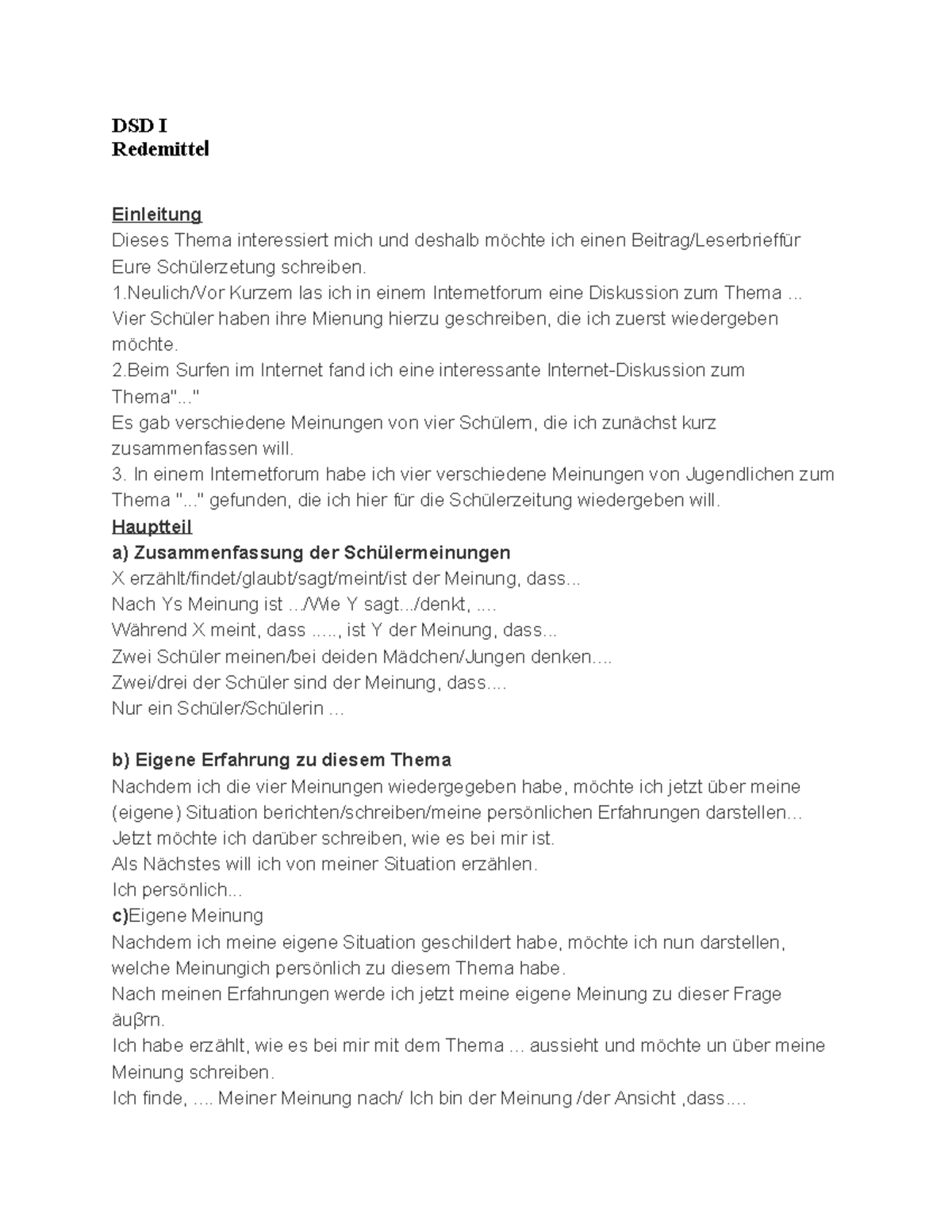 451303909 DSD I Schreiben Redemittel - DSD I Redemittel Einleitung Dieses Thema interessiert ...