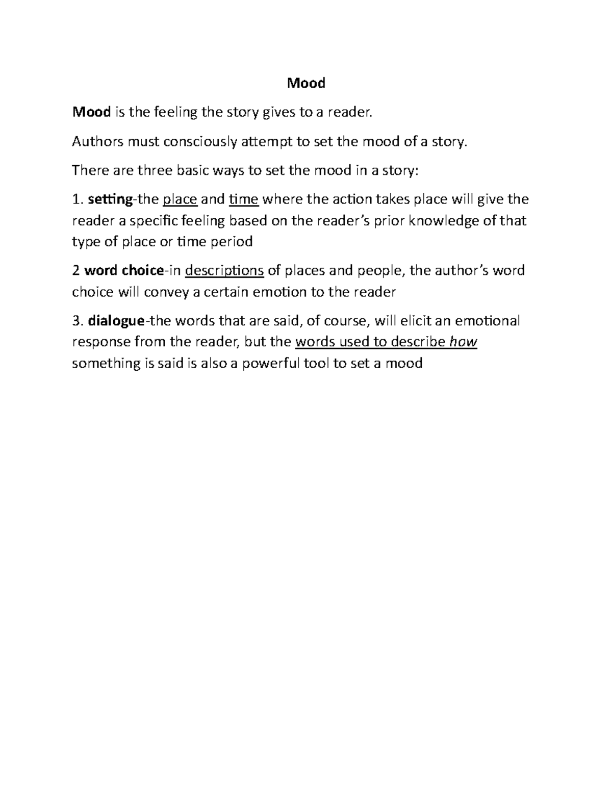 Mood lesson notes - mood - Mood Mood is the feeling the story gives to ...