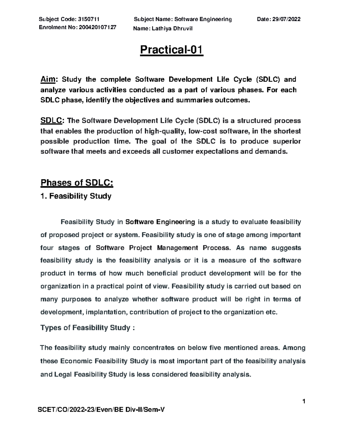 Software devlopment life cycle - Enrolment No: 200420107127 Name ...