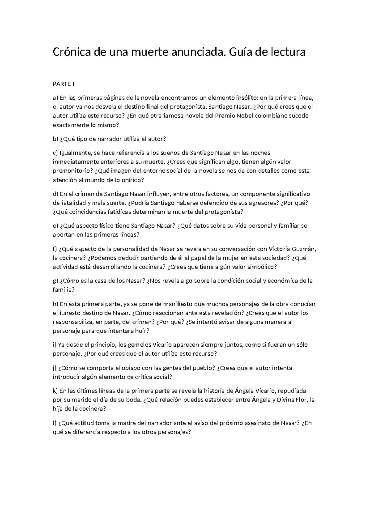 1º.- GUÍA DE Lectura Crónica de una muerte anunciada - Crónica de una ...