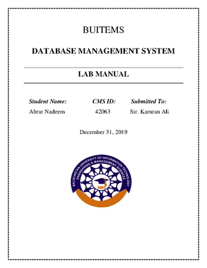 DBMS basic concepts - DATABASE LAB MANUALS Instructor Mr. Atif Student Name Dilawar Khan CMSID ...