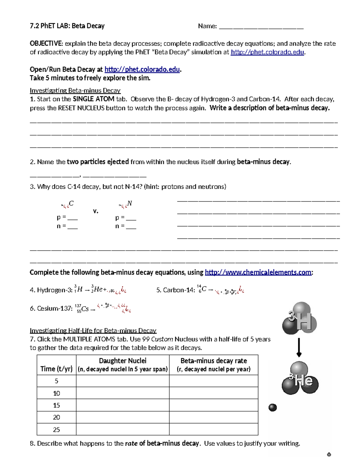Beta Decay PHET Worksheet - 7 PhET LAB: Beta Decay Name ...