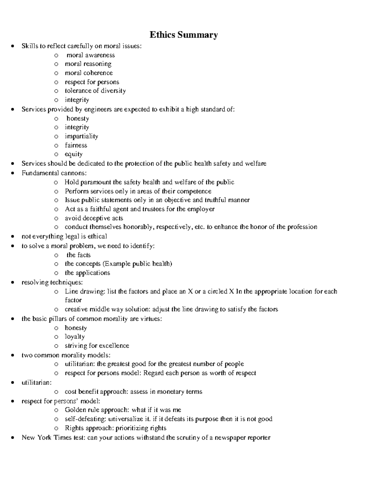 Ethics Summary - Ethics Summary Skills to reflect carefully on moral ...