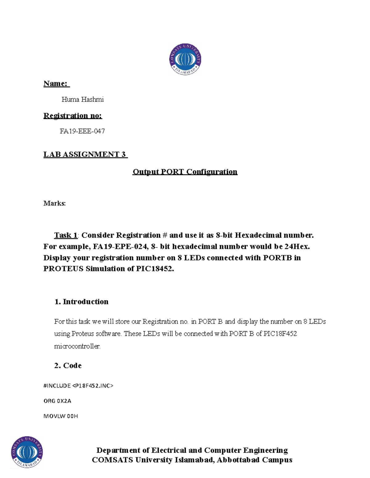 (FA19-EEE-047), EEE-5A, M S and I LAB 3 - Name: Huma Hashmi Registration no: FA19-EEE- LAB - Studocu